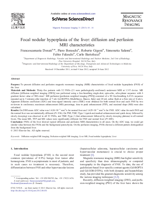 (PDF) Focal nodular hyperplasia of the liver: diffusion and perfusion MRI characteristics