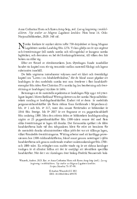 (PDF) Rec. av Anna Catharina Horn och Karen Arup Seip (red.). Lov og ...