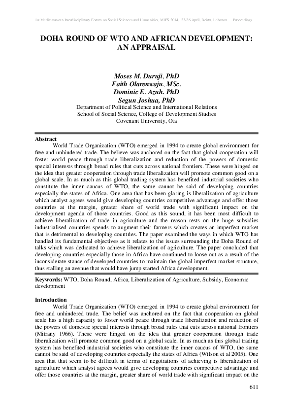 (PDF) Doha Round of WTO and African Development: An Appraisal