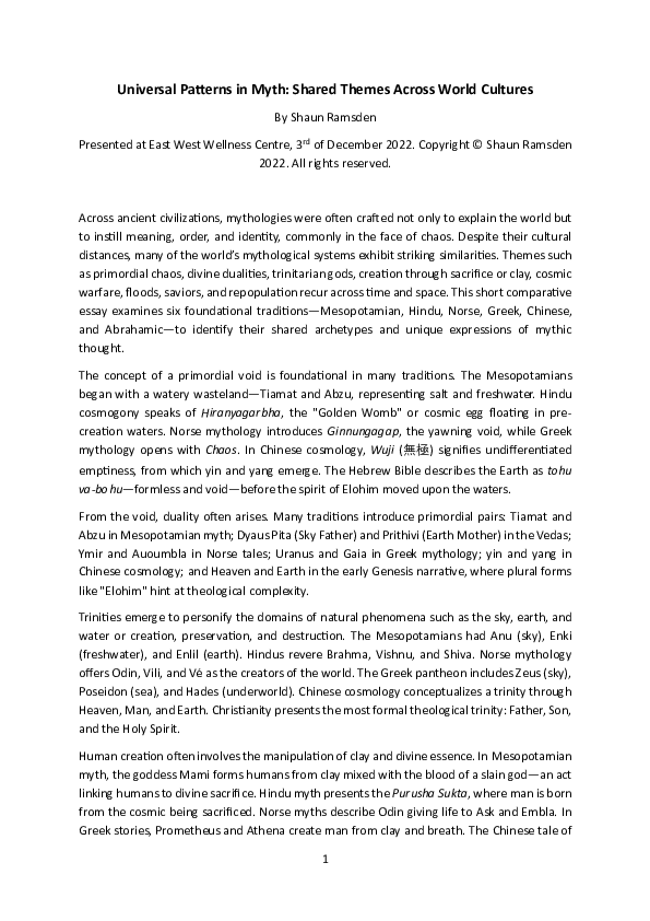(PDF) Universal Patterns in Myth: Shared Themes Across World Cultures