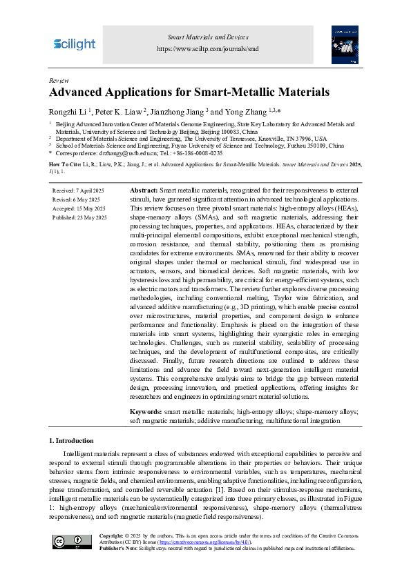 (PDF) Advanced Applications for Smart-Metallic Materials
