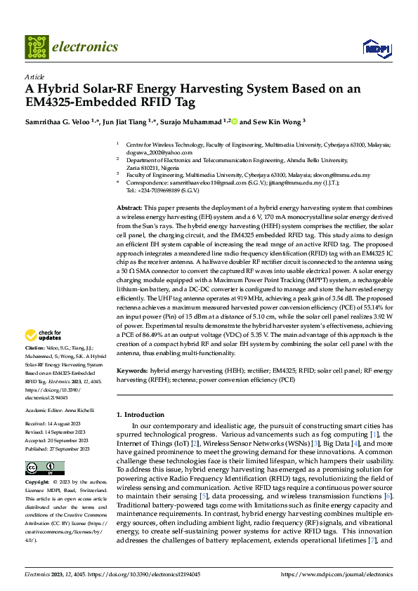 (PDF) A Hybrid Solar-RF Energy Harvesting System Based on an EM4325 ...