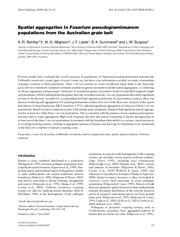 (PDF) Spatial aggregation in Fusarium pseudograminearum populations from the Australian grain belt