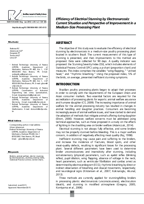 (PDF) Efficiency of Electrical Stunning by Electronarcosis: Current ...