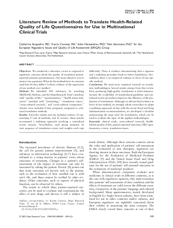 (PDF) Literature Review of Methods to Translate Health-Related Quality of Life Questionnaires ...