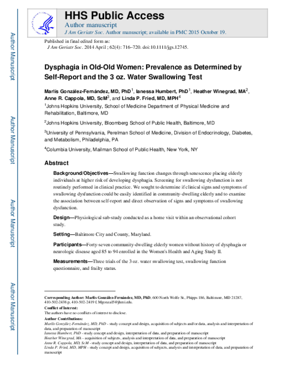 (PDF) Dysphagia in Old‐Old Women: Prevalence as Determined According to ...