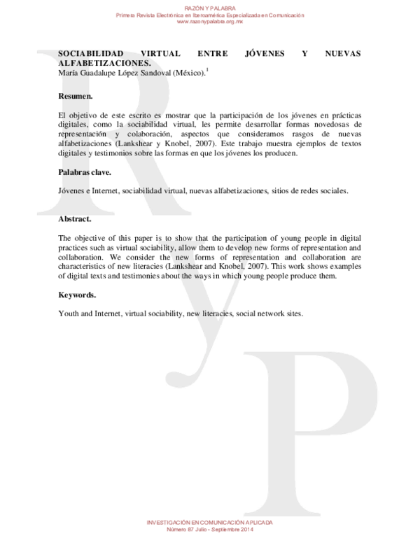 (PDF) Sociabilidad virtual entre jóvenes y nuevas alfabetizaciones