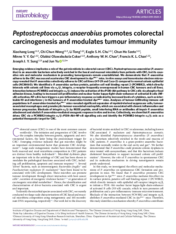 (PDF) Peptostreptococcus anaerobius promotes colorectal carcinogenesis ...