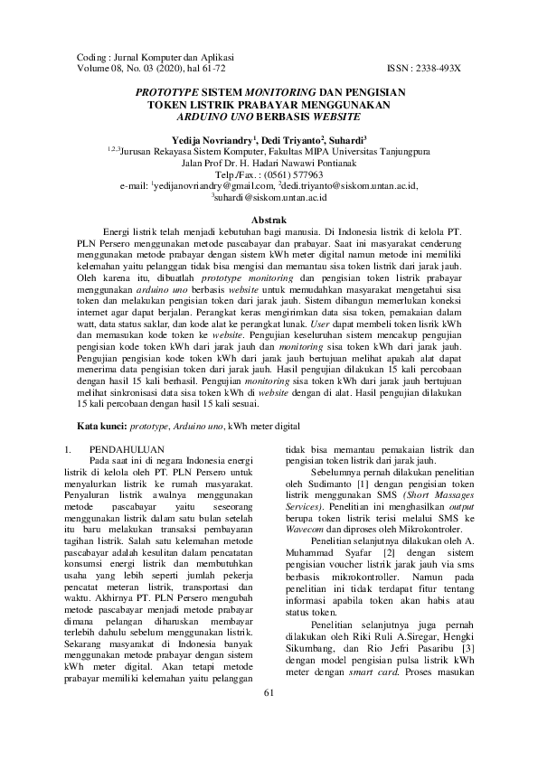 Pdf Prototype Sistem Monitoring Dan Pengisian Token Listrik Prabayar Menggunakan Arduino Uno