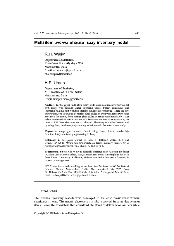 (PDF) Multi item two-warehouse fuzzy inventory model