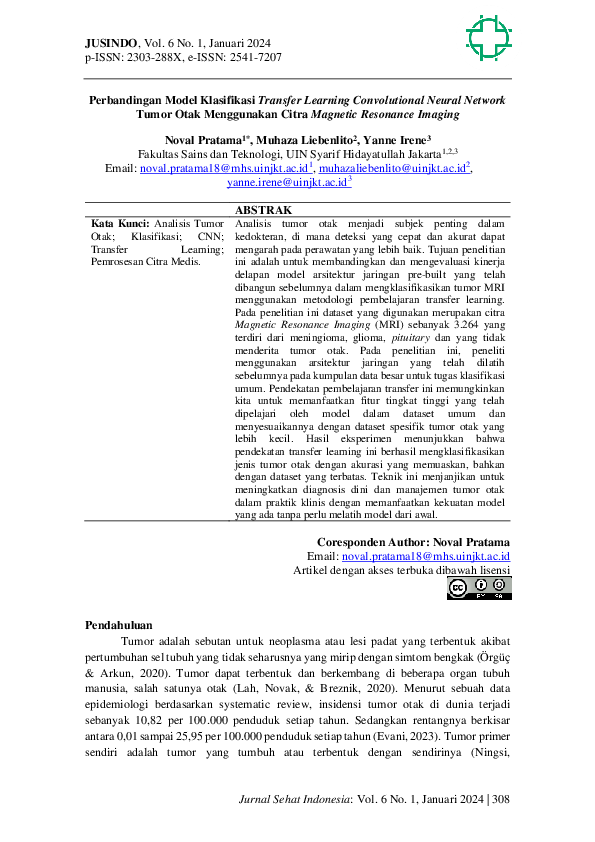(PDF) Perbandingan Model Klasifikasi Transfer Learning Convolutional Neural Network Tumor Otak ...