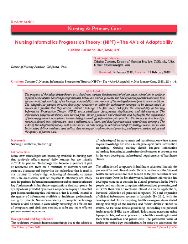 (PDF) Nursing Informatics Progression Theory: (NIPT) – The 4A’s of Adaptability