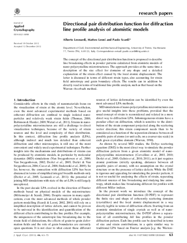 (PDF) Directional pair distribution function for diffraction line profile analysis of atomistic ...