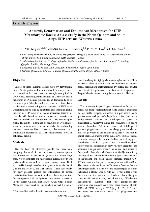 (PDF) Anatexis, Deformation and Exhumation Mechanism for UHP ...