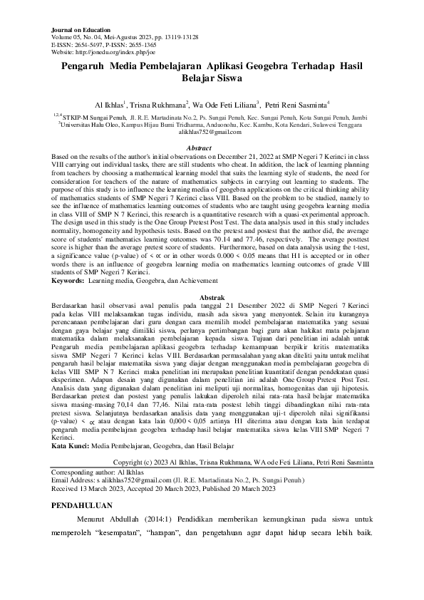 (PDF) Pengaruh Media Pembelajaran Aplikasi Geogebra Terhadap Hasil Belajar Siswa