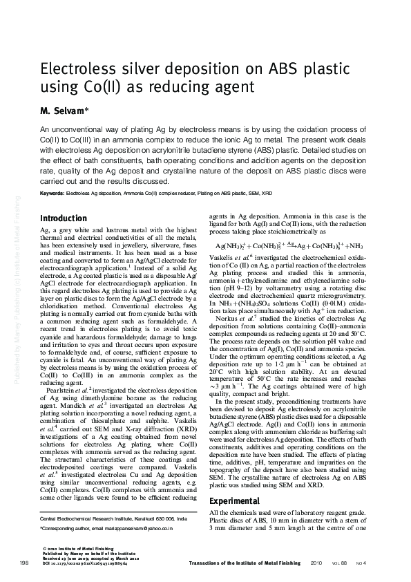 (PDF) Electroless silver deposition on ABS plastic using Co(II) as ...