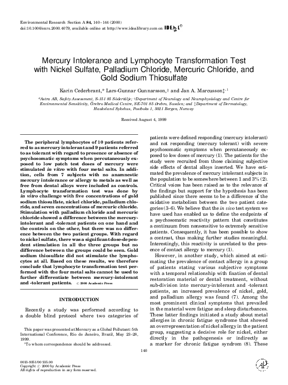 (PDF) Mercury Intolerance and Lymphocyte Transformation Test with ...