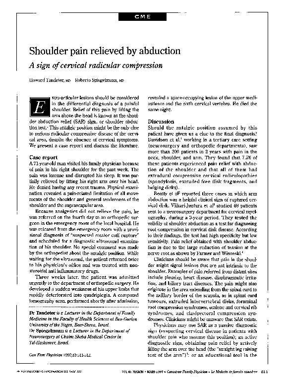 (PDF) Shoulder pain relieved by abduction. A sign of cervical radicular ...