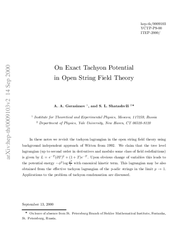 (PDF) On exact tachyon potential in open string field theory