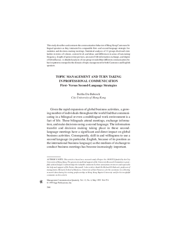 (PDF) Topic Management and Turn Taking in Professional Communication