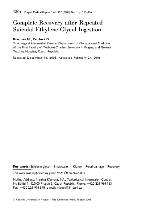 (PDF) Complete recovery after repeated suicidal ethylene glycol ingestion