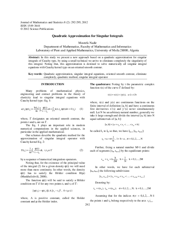 (PDF) Quadratic Approximation for Singular Integrals
