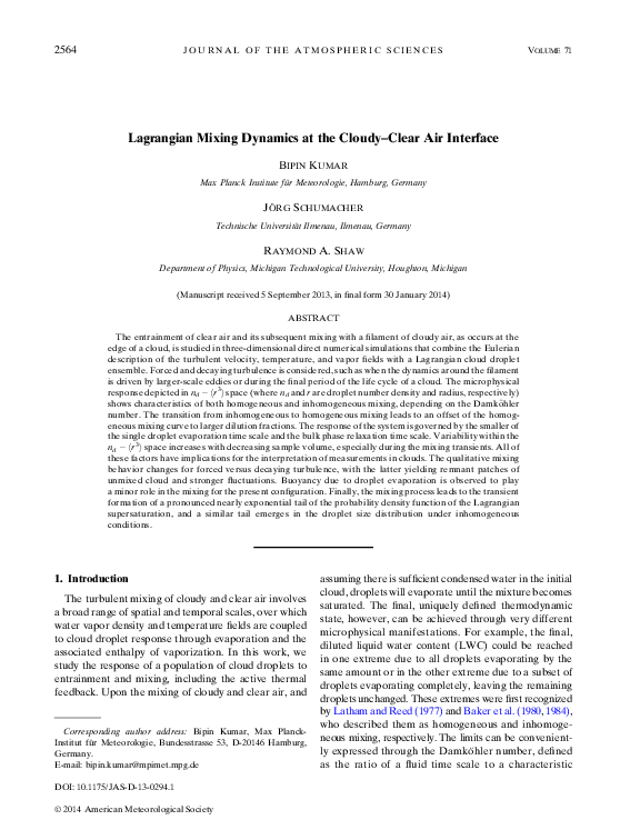 (PDF) Lagrangian Mixing Dynamics at the Cloudy–Clear Air Interface