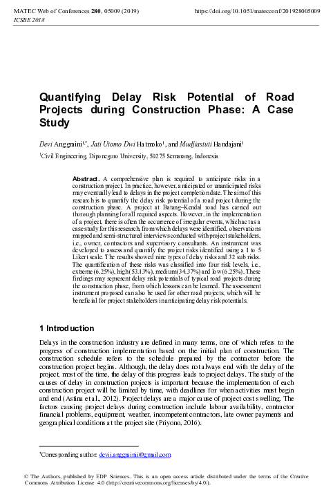 (PDF) Quantifying Delay Risk Potential of Road Projects during ...