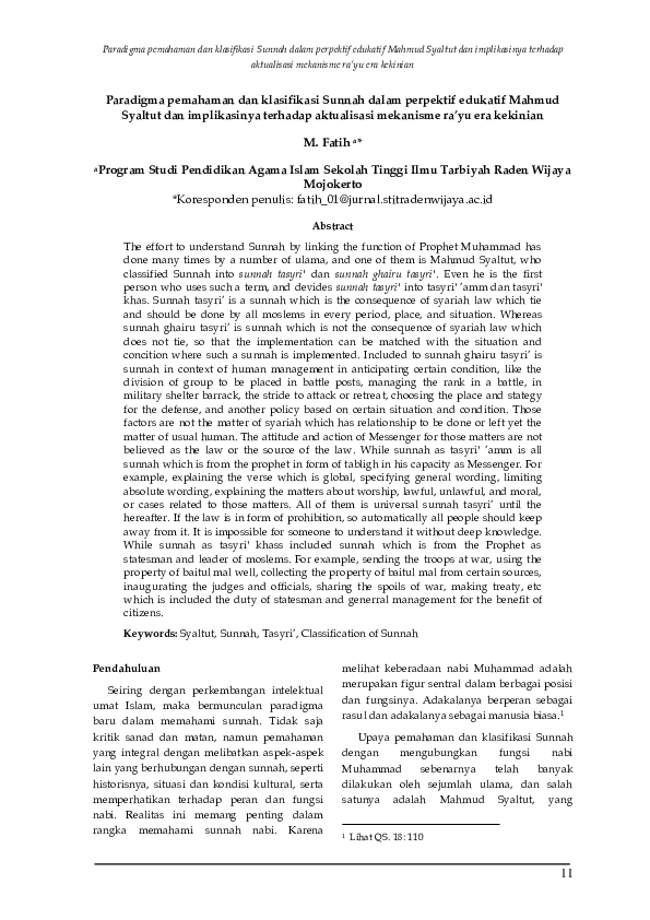 (PDF) Paradigma pemahaman dan klasifikasi Sunnah dalam perpektif ...