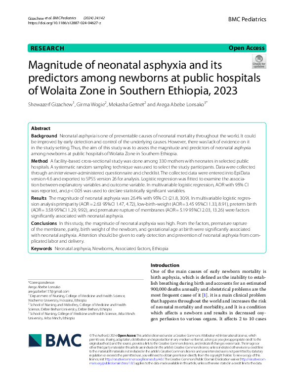 (PDF) Magnitude of neonatal asphyxia and its predictors among newborns at public hospitals of ...