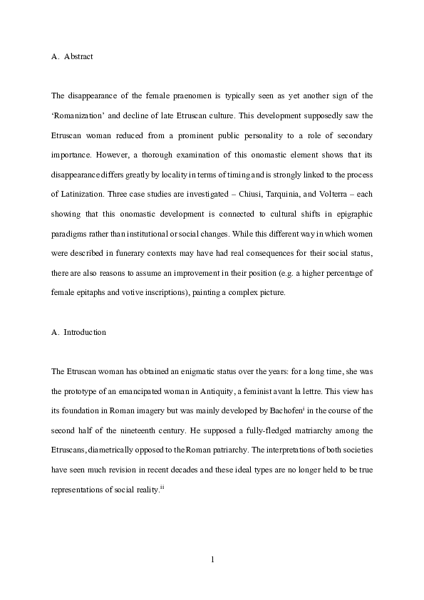 (PDF) The Etruscan Woman and ‘Romanization’: An Onomastic Case Study