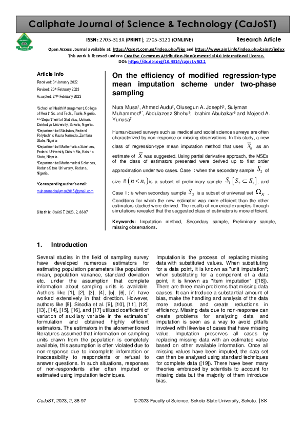 (PDF) On the efficiency of modified regression-type mean imputation ...