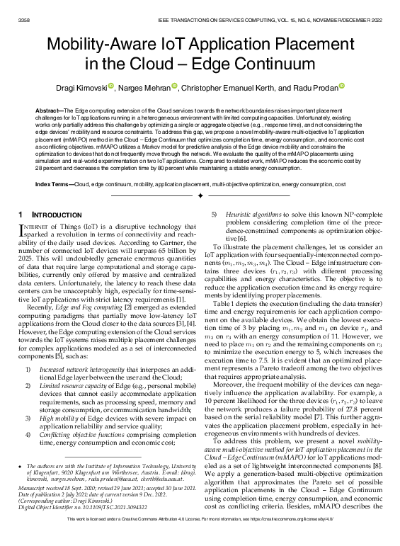 (PDF) Mobility-Aware IoT Application Placement in the Cloud – Edge Continuum
