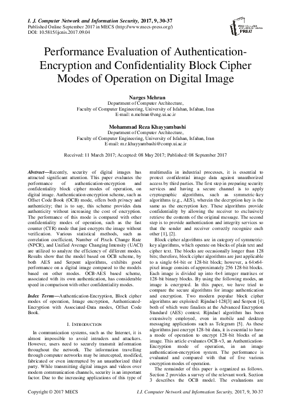 (PDF) Performance Evaluation of Authentication-Encryption and Confidentiality Block Cipher Modes ...