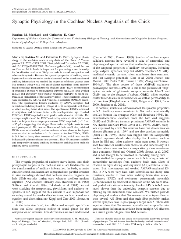 (PDF) Synaptic Physiology in the Cochlear Nucleus Angularis of the Chick