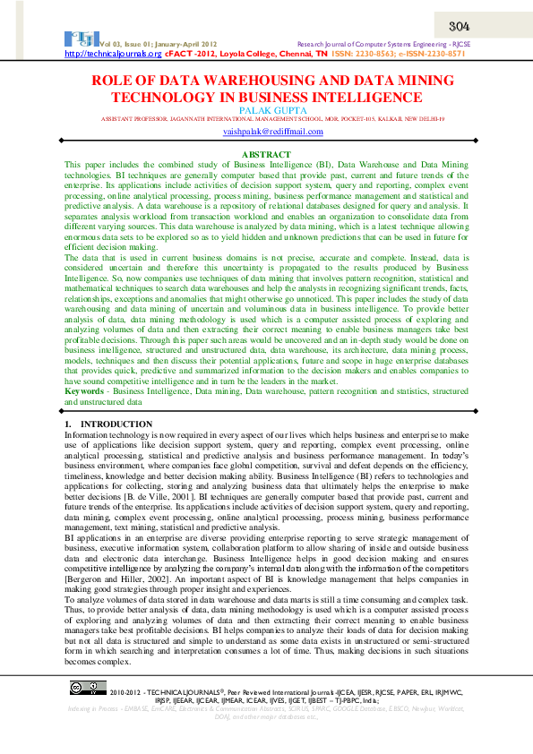 (PDF) ROLE OF DATA WAREHOUSING AND DATA MINING TECHNOLOGY IN BUSINESS INTELLIGENCE
