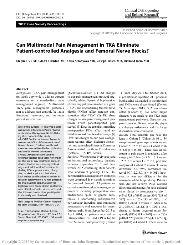(PDF) Can Multimodal Pain Management in TKA Eliminate Patient ...