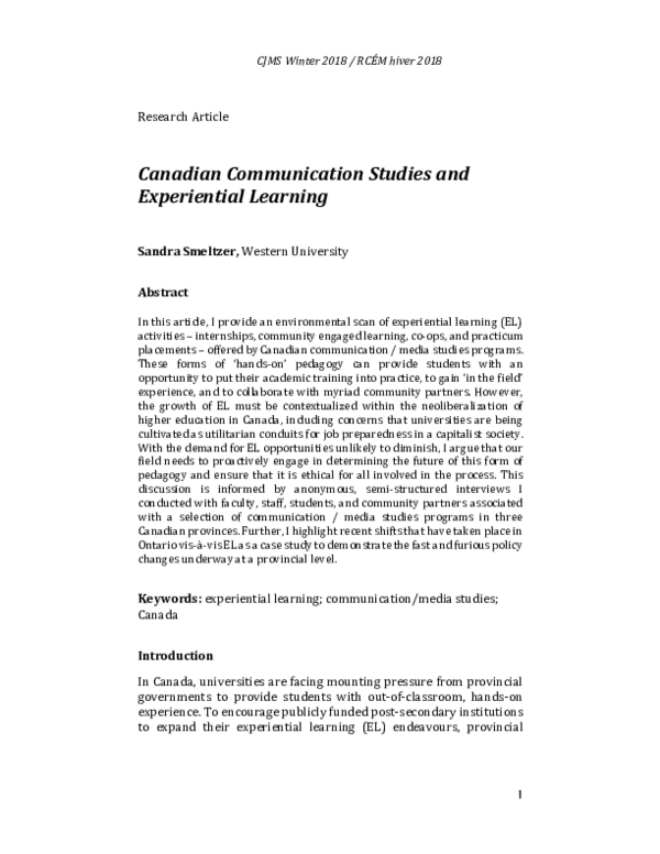 (PDF) Canadian Communication Studies and Experiential Learning