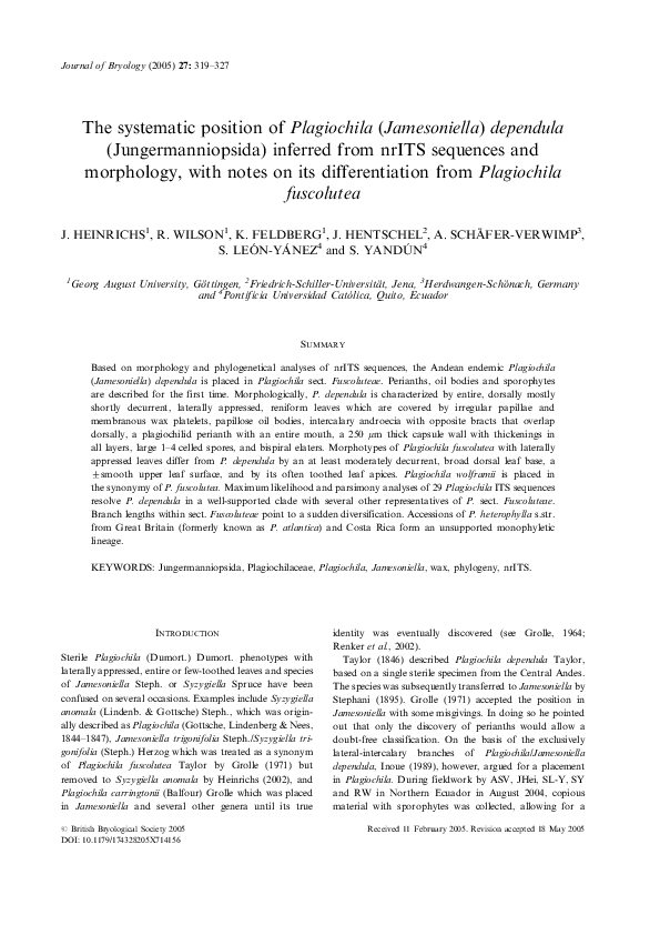 (PDF) The systematic position of Plagiochila ( Jamesoniella ) dependula ...