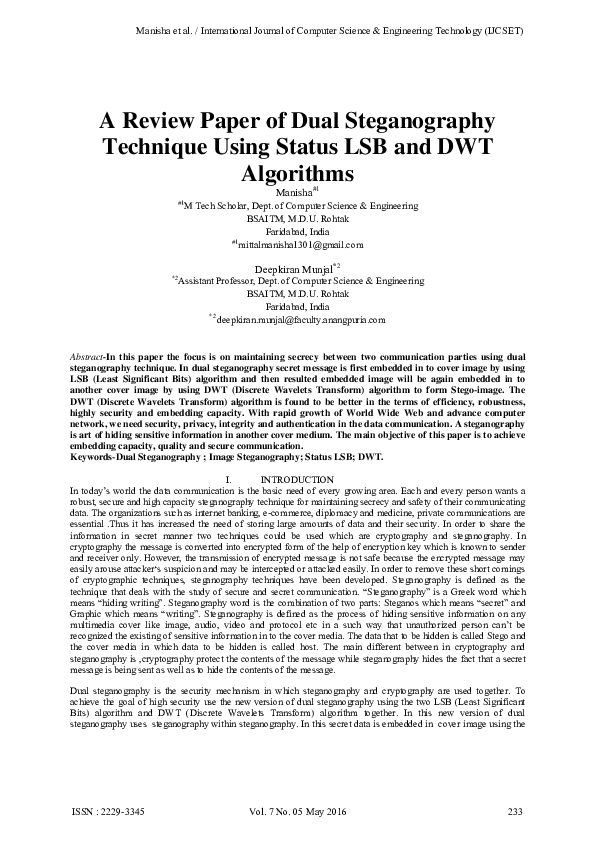 (PDF) Paper of Dual Steganography Technique Using Status LSB and DWT Algorithms