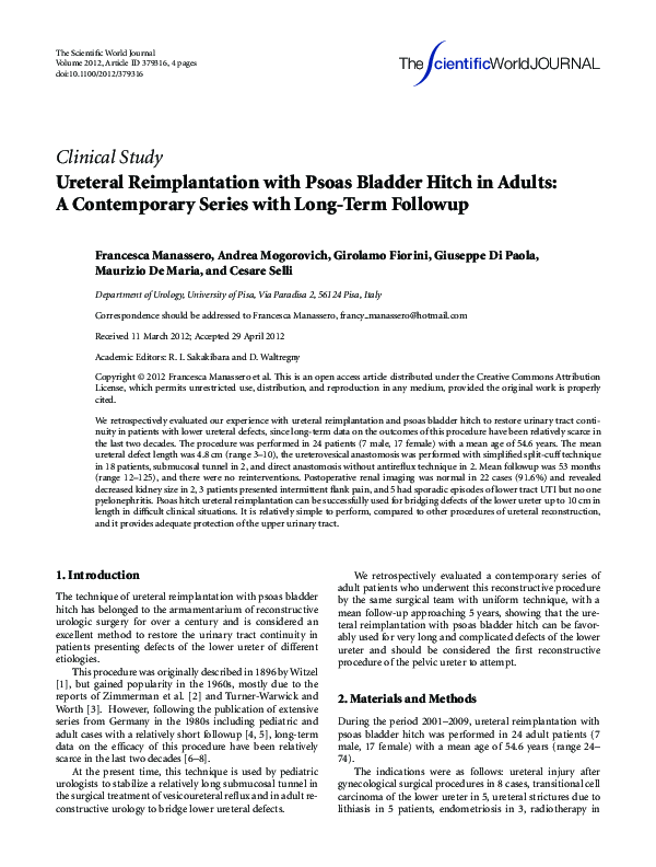 (PDF) Ureteral Reimplantation with Psoas Bladder Hitch in Adults: A ...