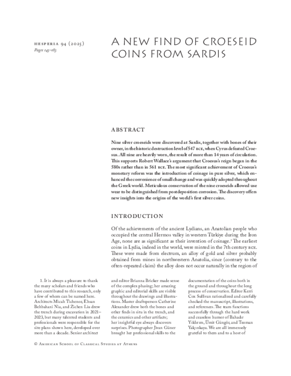(PDF) Cahill et al., A New Find of Croeseid Coins from Sardis, Hesperia ...