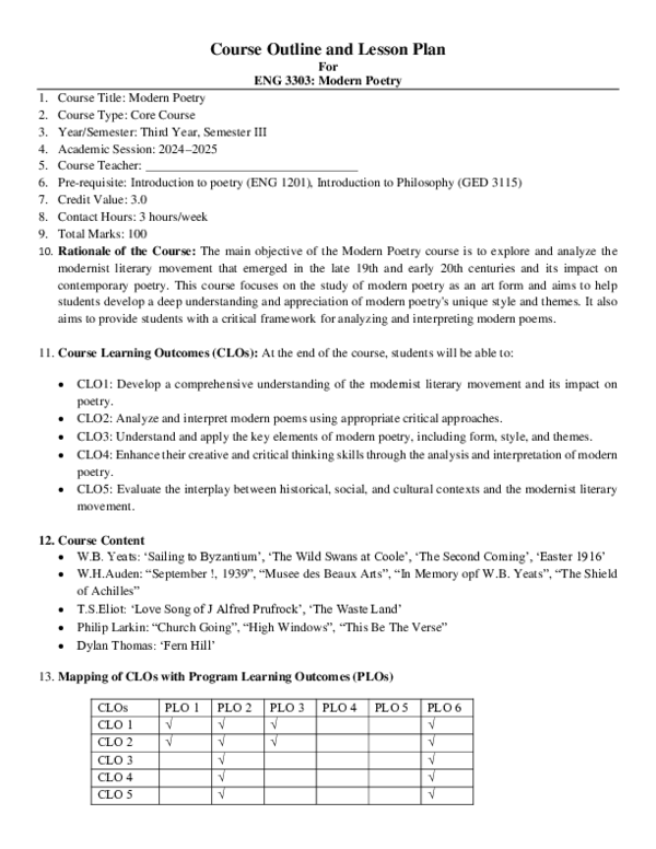 (PDF) Modern Poetry: Course Outline and Lesson Plan