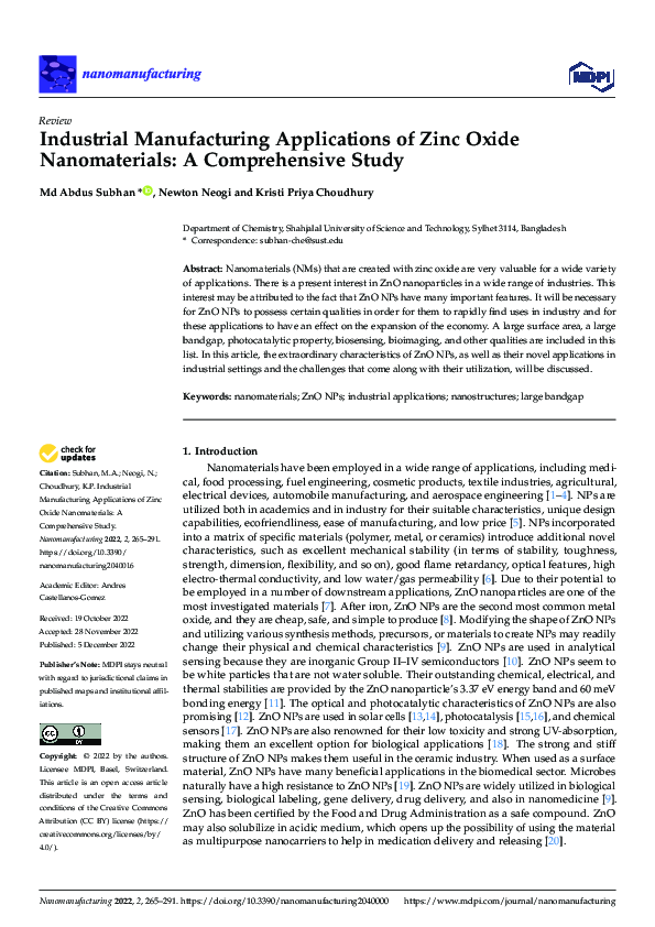 (PDF) Industrial Manufacturing Applications of Zinc Oxide Nanomaterials ...