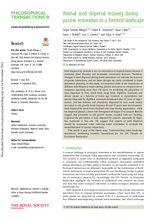 (PDF) Animal seed dispersal recovery during passive restoration in a ...