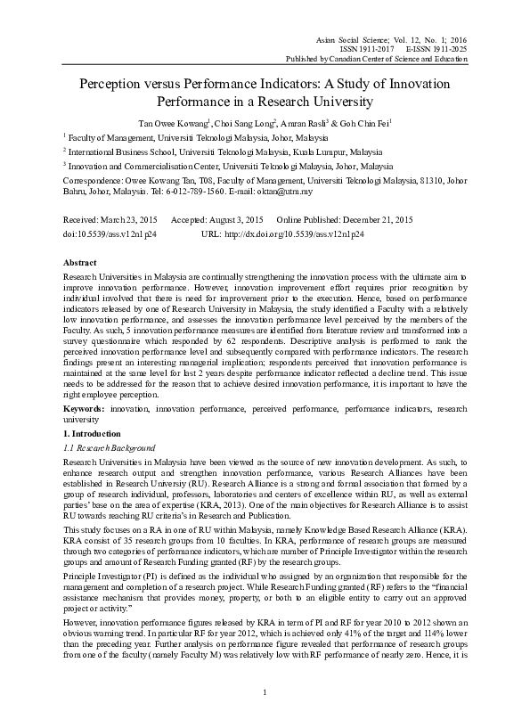 (PDF) Perception versus Performance Indicators: A Study of Innovation ...