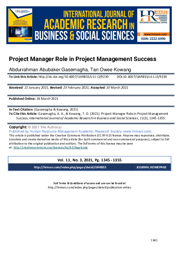 (PDF) Project Manager Role in Project Management Success