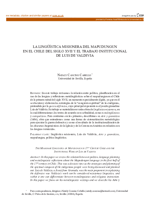 (PDF) The Missionary Linguistics of Mapudungun in 17th Century Chile ...