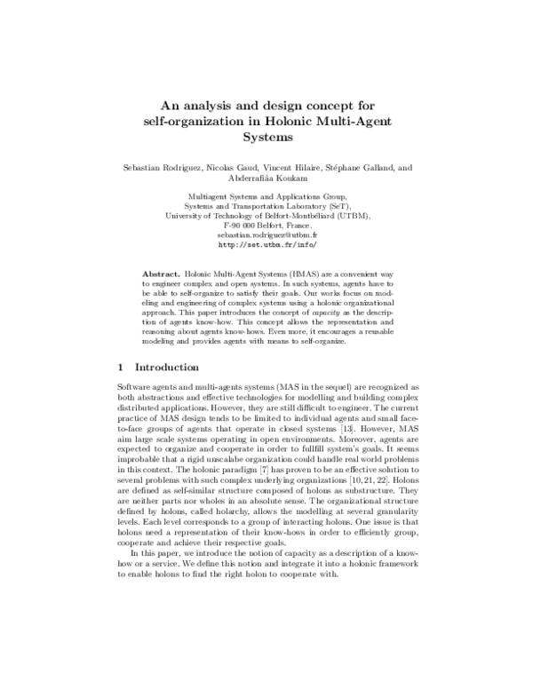 (PDF) An Analysis and Design Concept for Self-organization in Holonic Multi-agent Systems