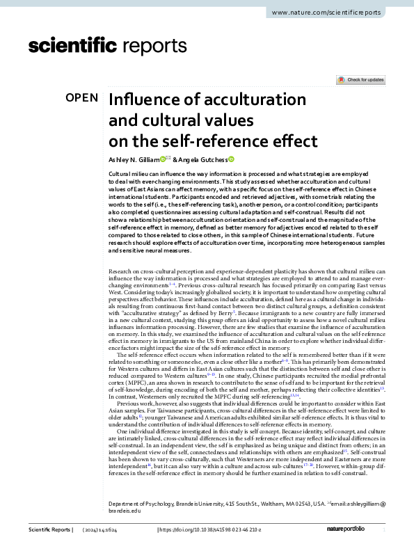 (PDF) Influence of acculturation and cultural values on the self-reference effect